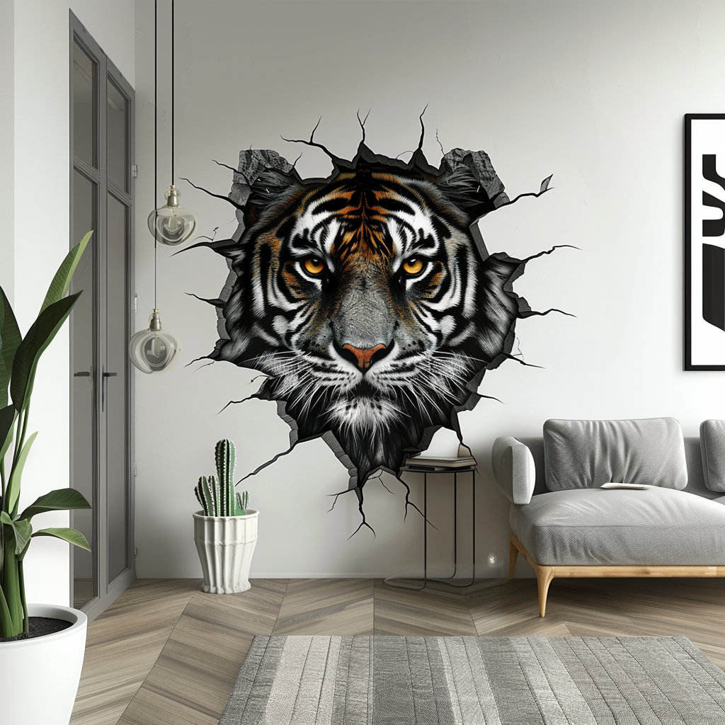 Realistic 3D Tiger Head Wall Decal - Tiger Breaking Through Wall ...