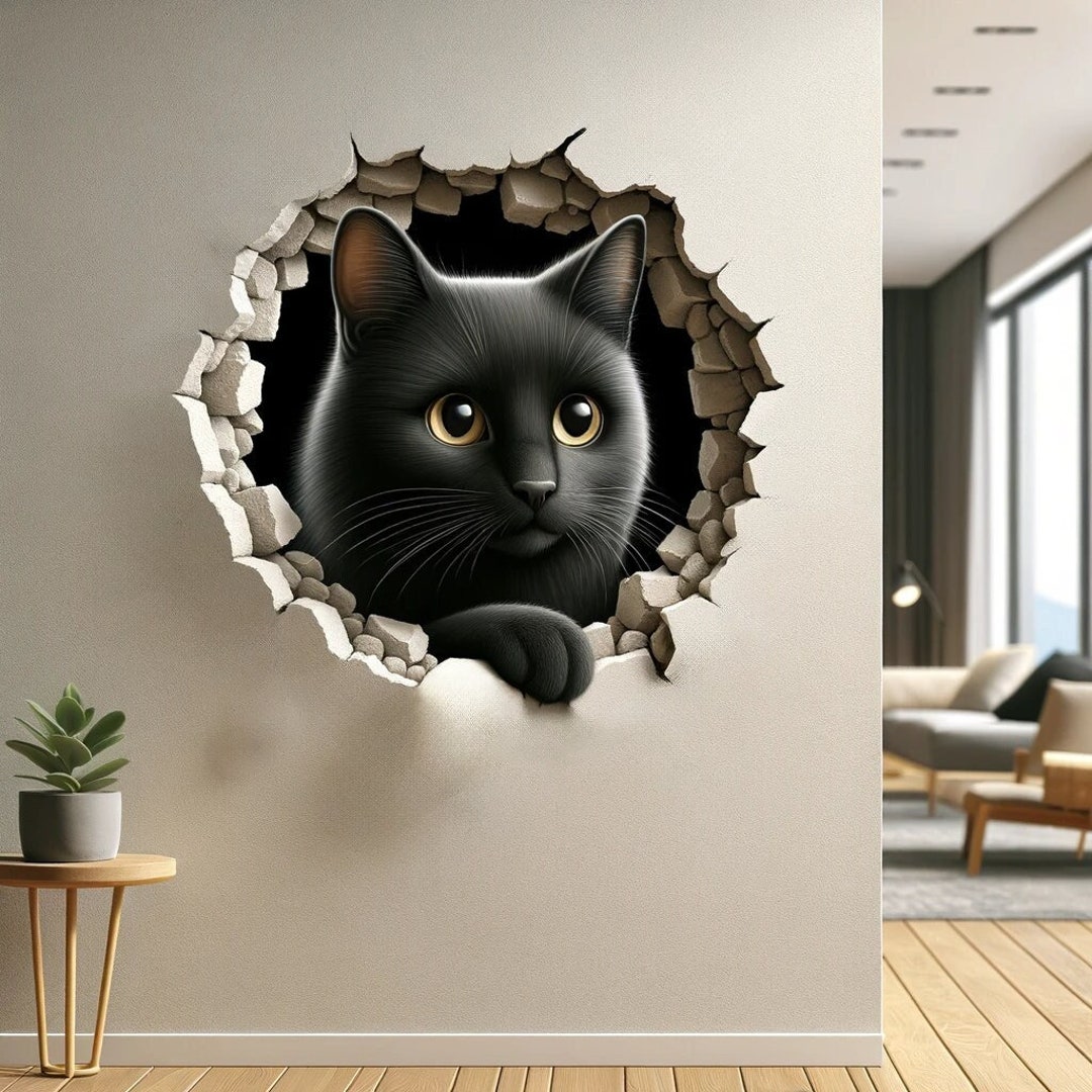 3D Cat Art Wall Sticker - Cracked Illusion Kitty Vinyl Decor - Peel-and ...