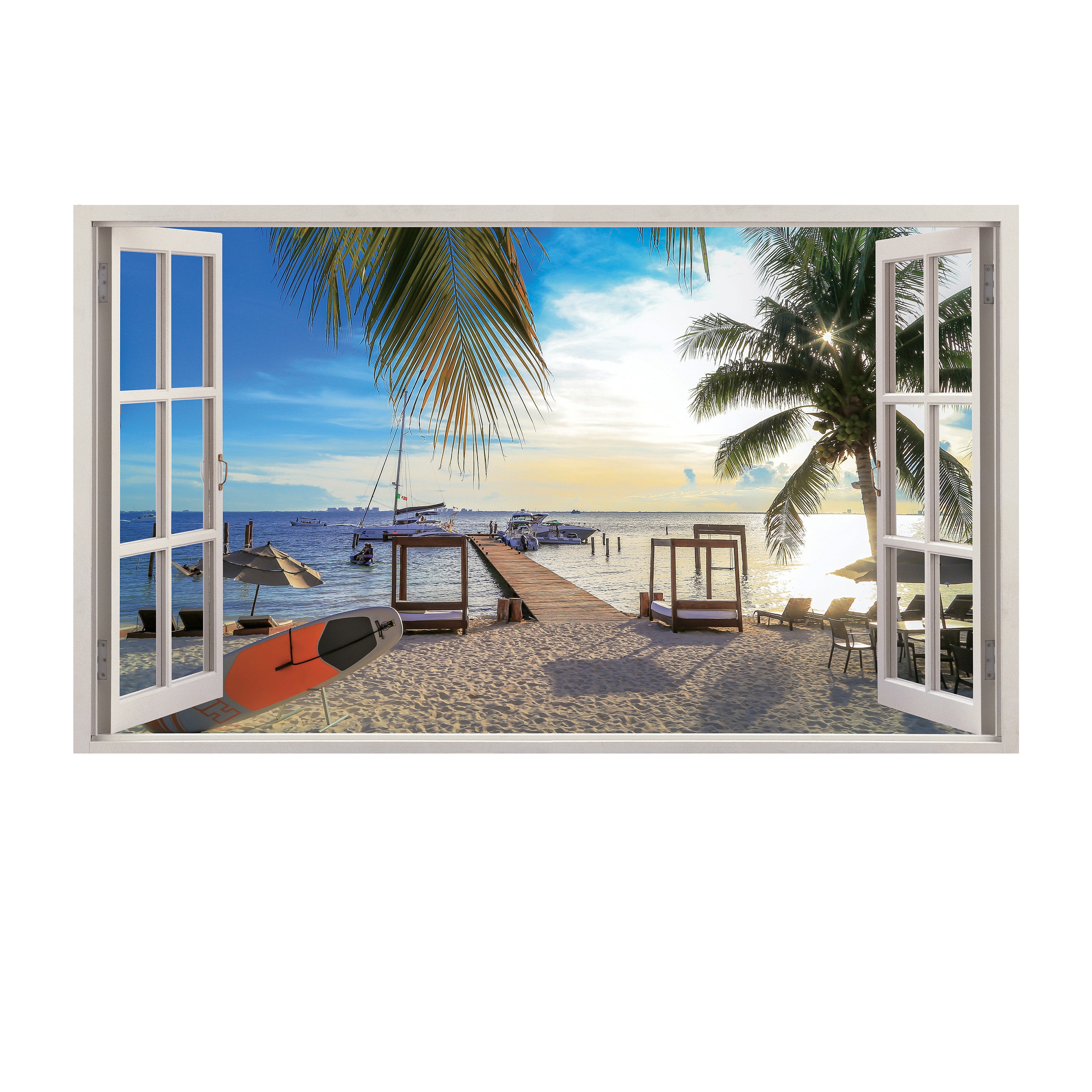3d Window Beach View Wall Sticker - Removable Bedroom Ocean Scene Vinyl ...