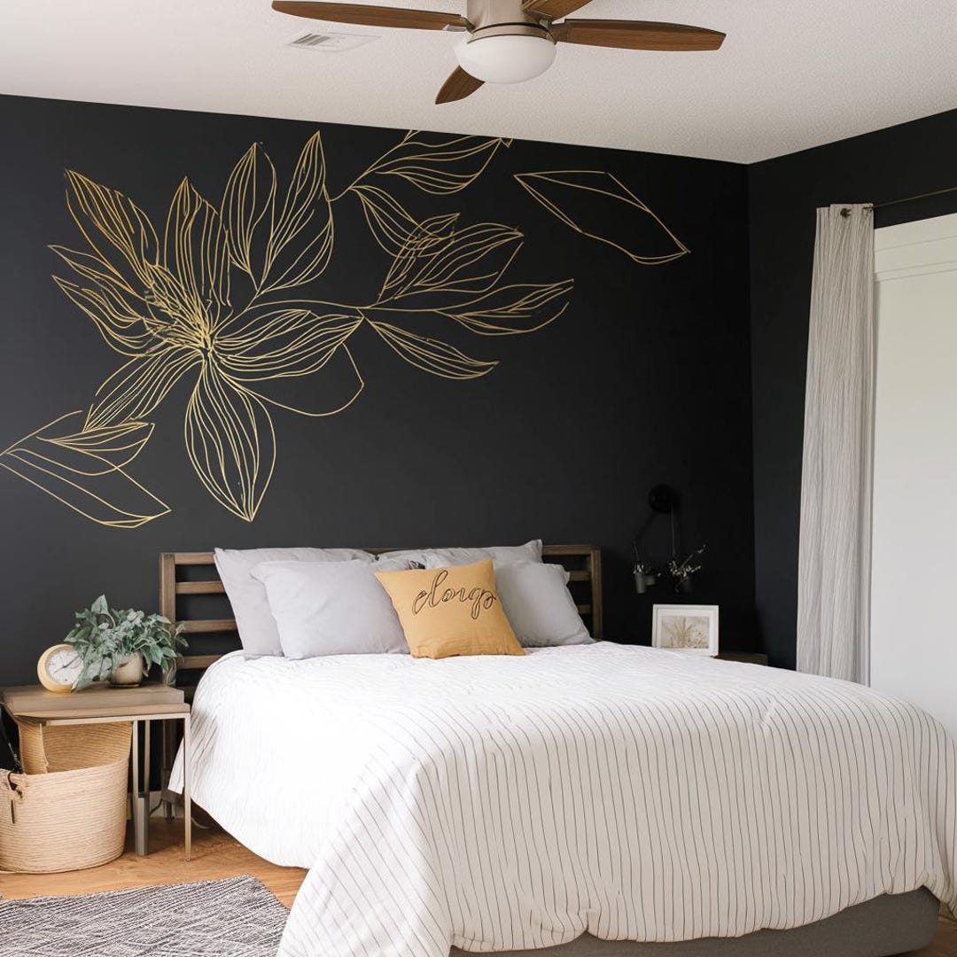 Gold Flower Wall Decal | Botanical Line Art Wall Sticker | Elegant ...