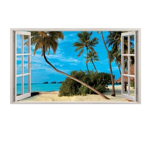 3d Window Beach View Wall Sticker - Removable Bedroom Ocean Scene Vinyl ...
