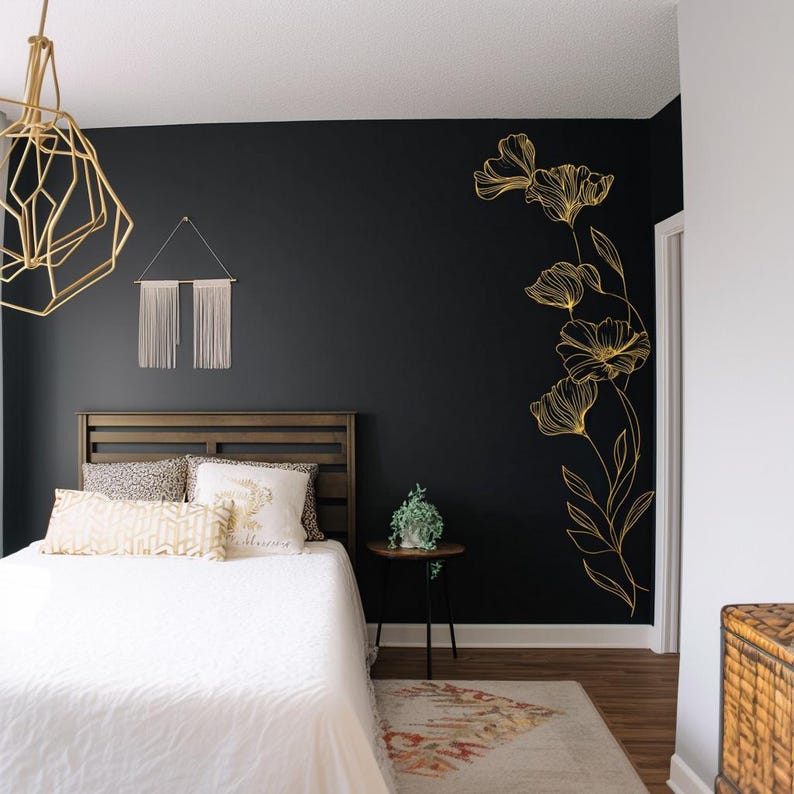 Gold Botanical Wall Decal | Minimalist Line Art Flower Sticker ...
