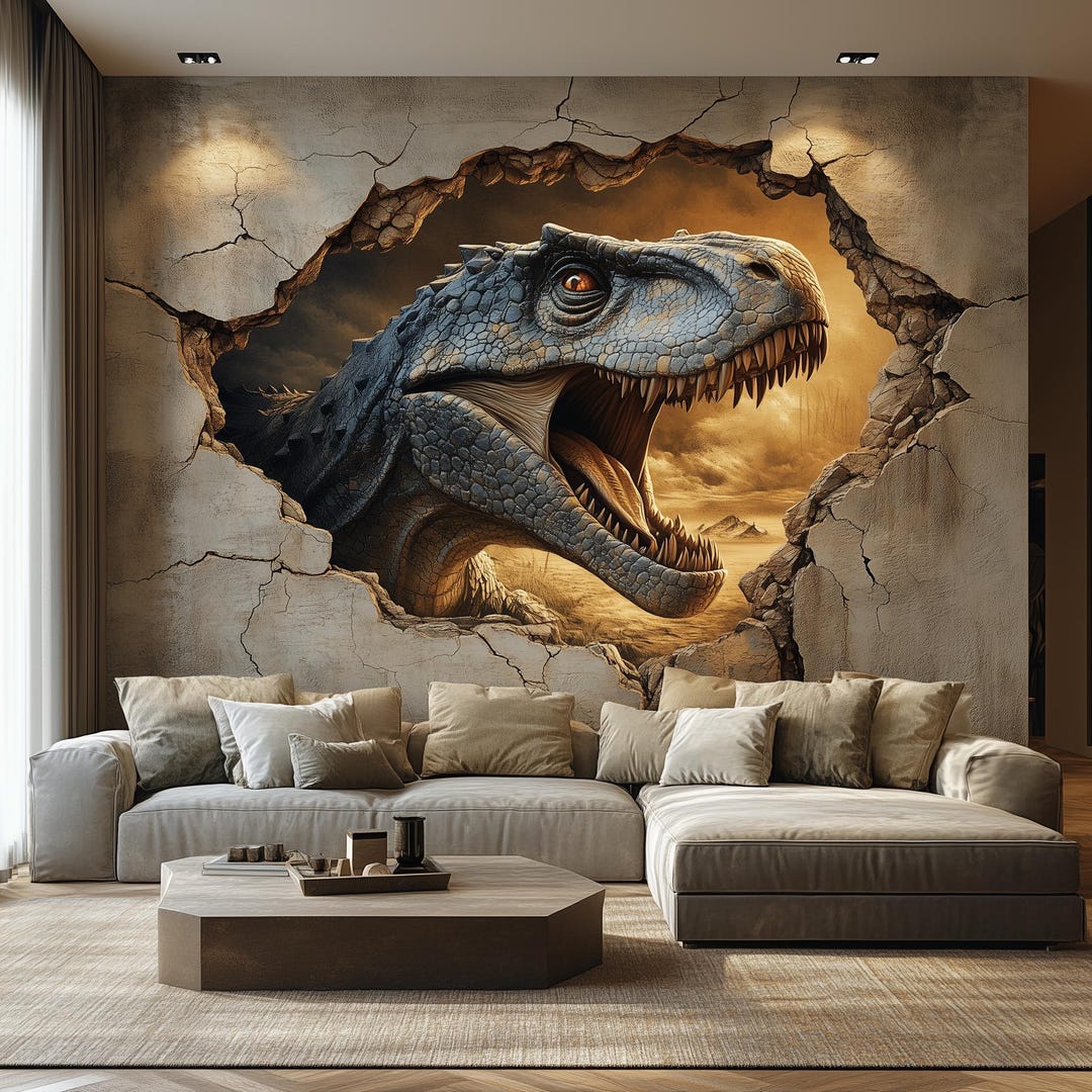 3D T-rex Dinosaur Wall Mural | Jurassic Wall Art | Boys Room Decor ...