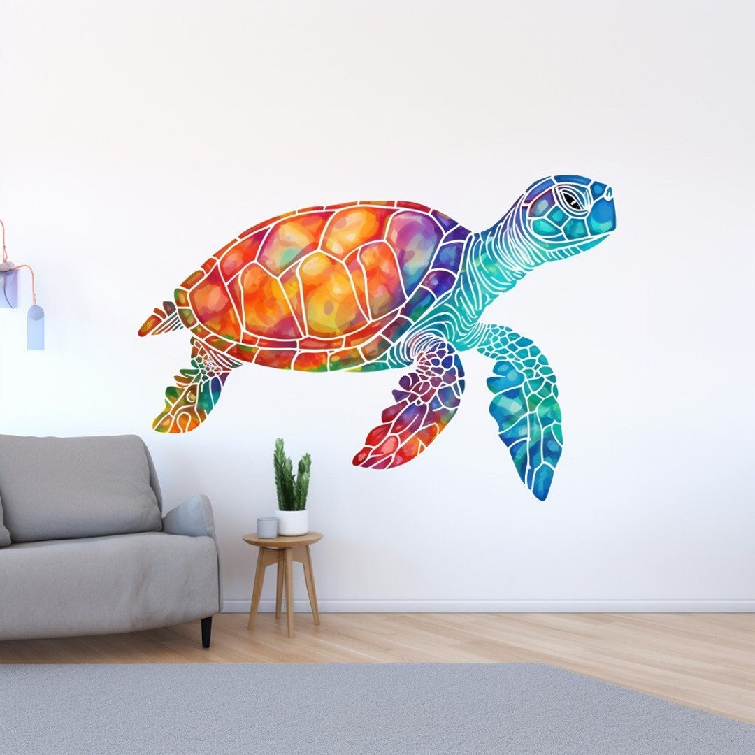 Vibrant Rainbow Sea Turtle Wall Decal - Ocean Life Removable Tortoises ...