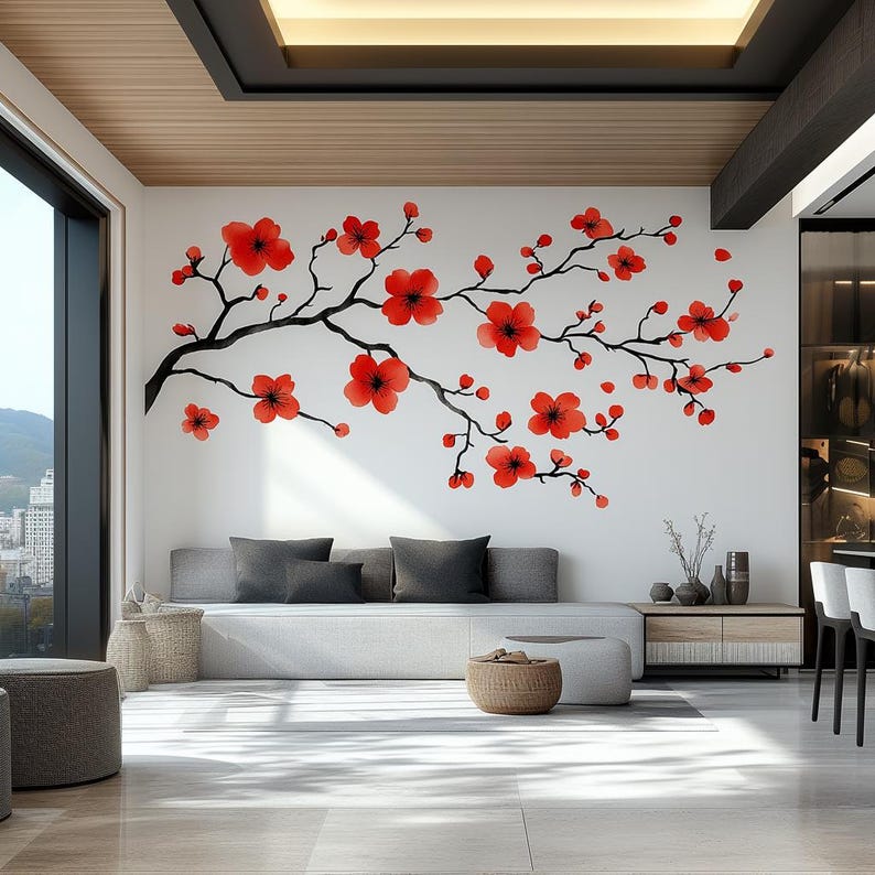 Red Flower Branch Wall Decal | Large Sakura Vinyl Floral Sticker ...