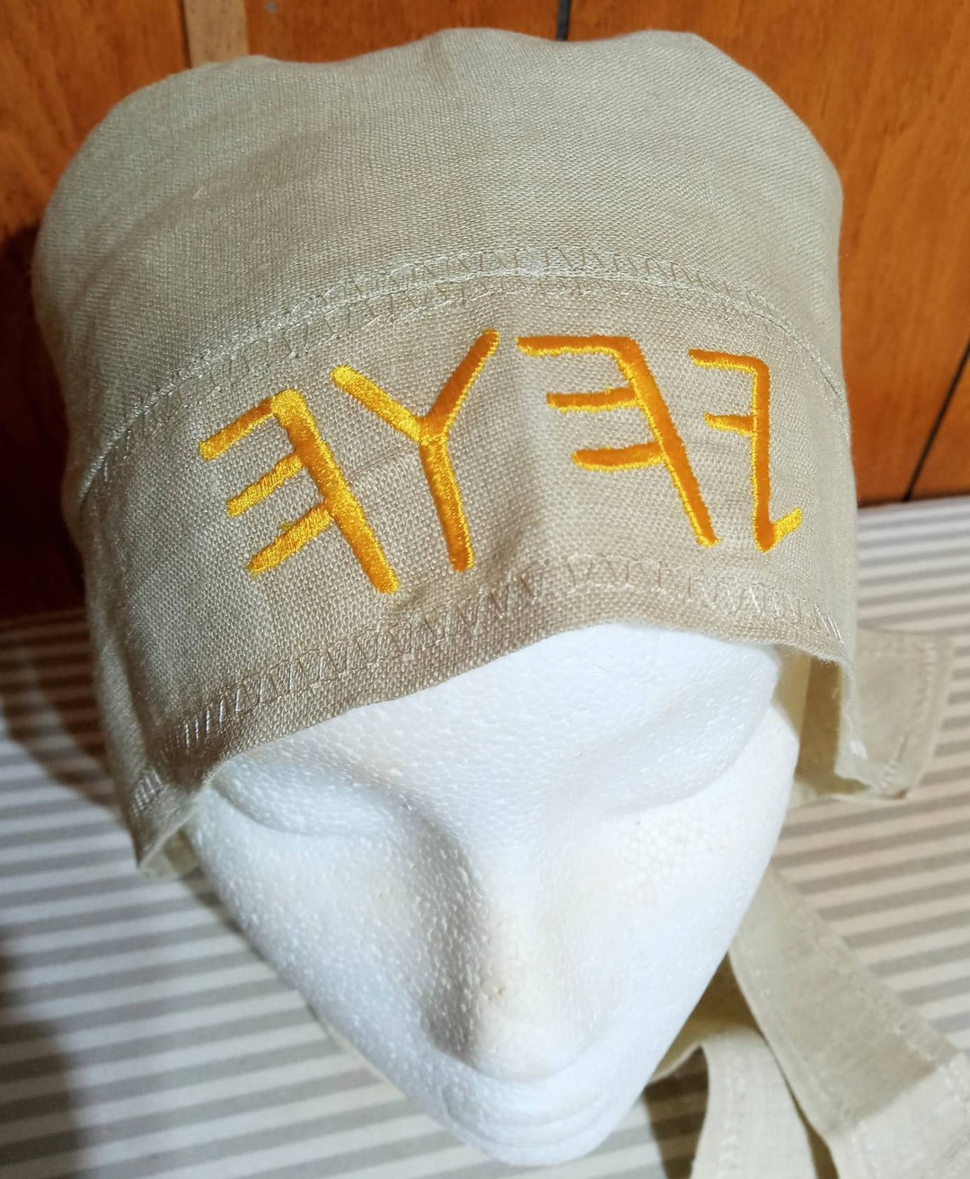 Dew Rag Style 100% Beige Tan Linen Head Cover Tichel With Paleo Hebrew ...