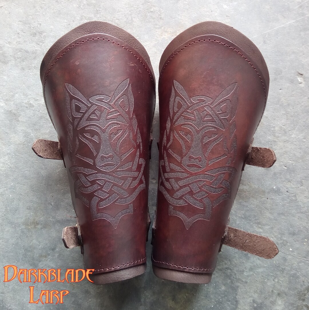 Wolf Head Engraved, Leather Vambraces, Waxed Bracers, Arm Guards for ...