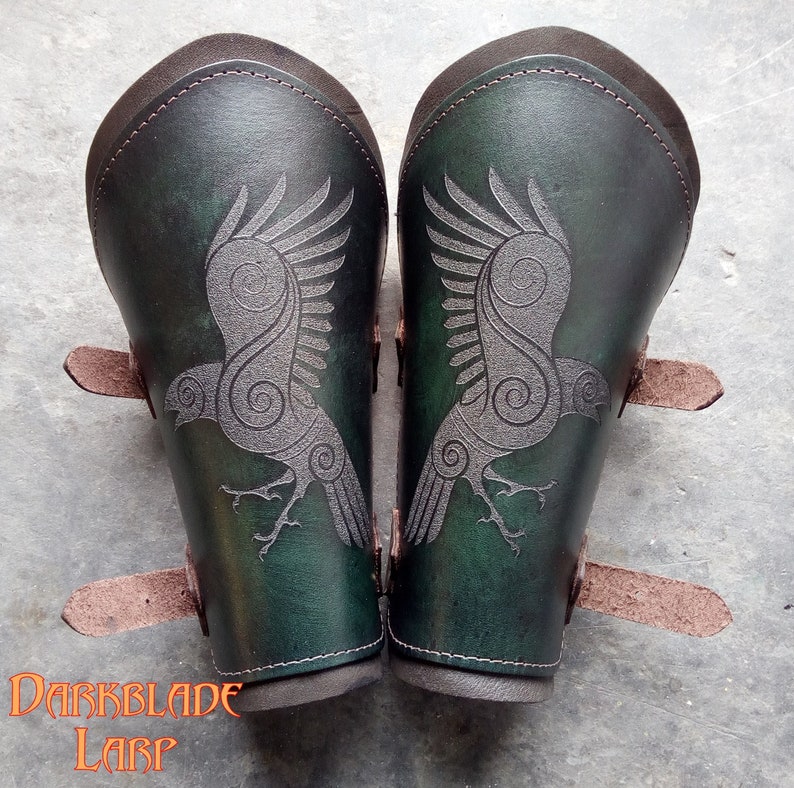Raven Engraved Waxed Leather Vambraces, Bracers, Arm Guards for Costume ...