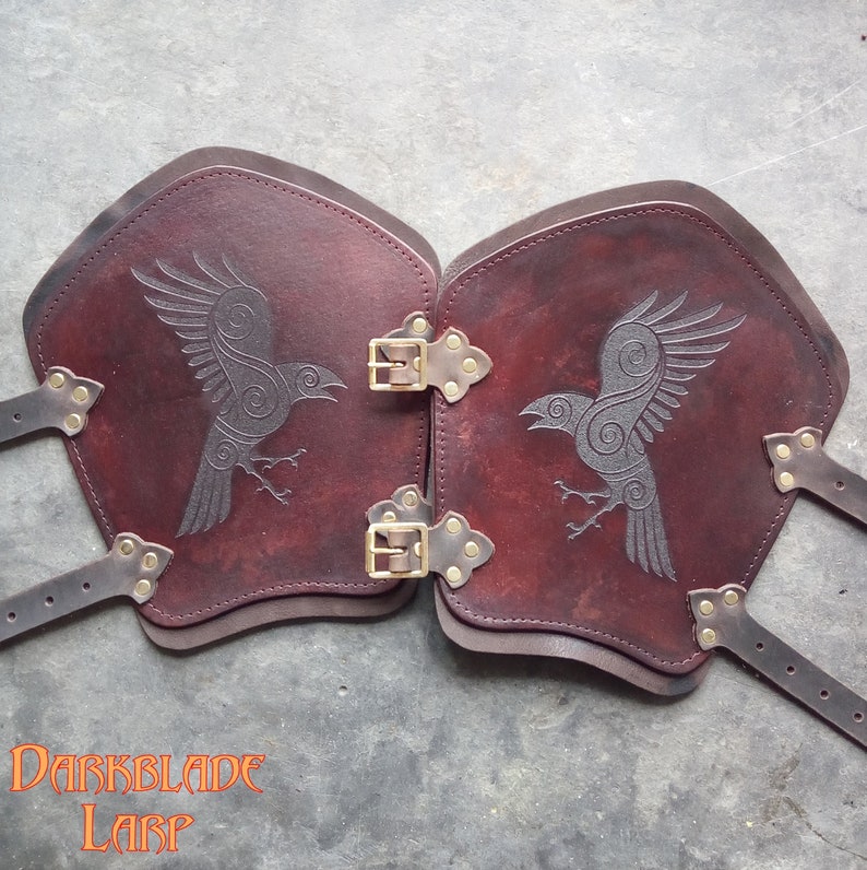 Raven Engraved Waxed Leather Vambraces, Bracers, Arm Guards for Costume ...