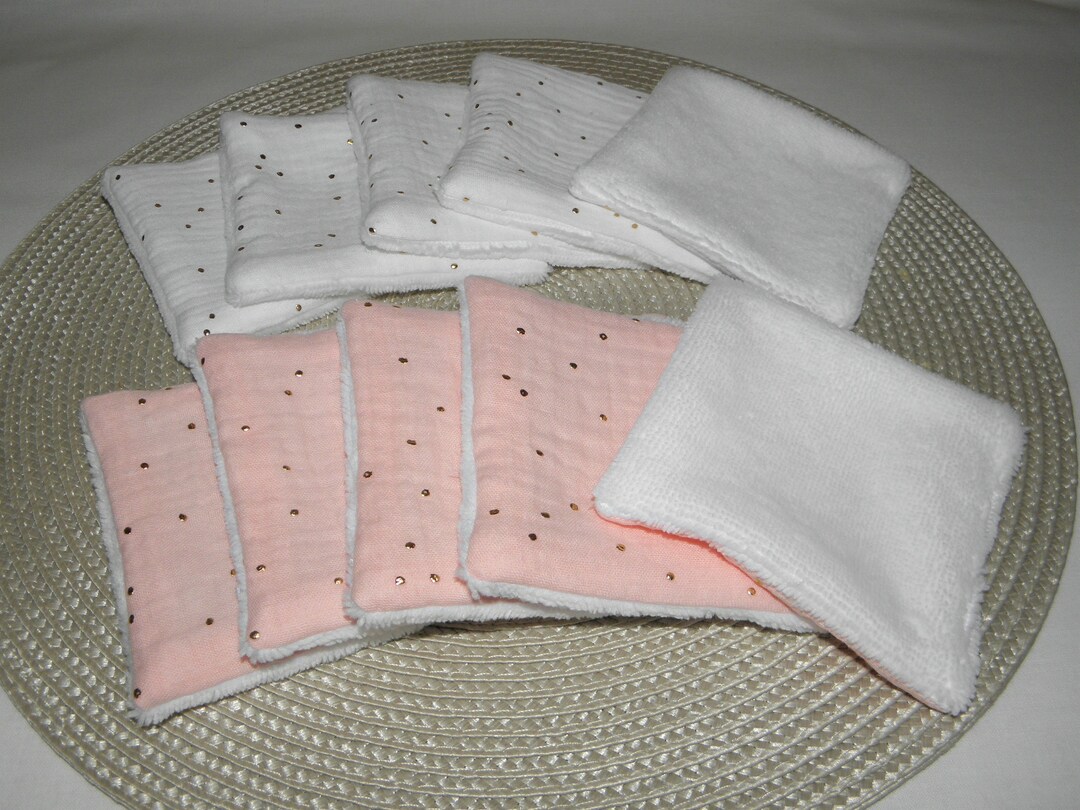 Lot de 5 lingettes lavables double gaze de coton rose ou blanc pois or ...