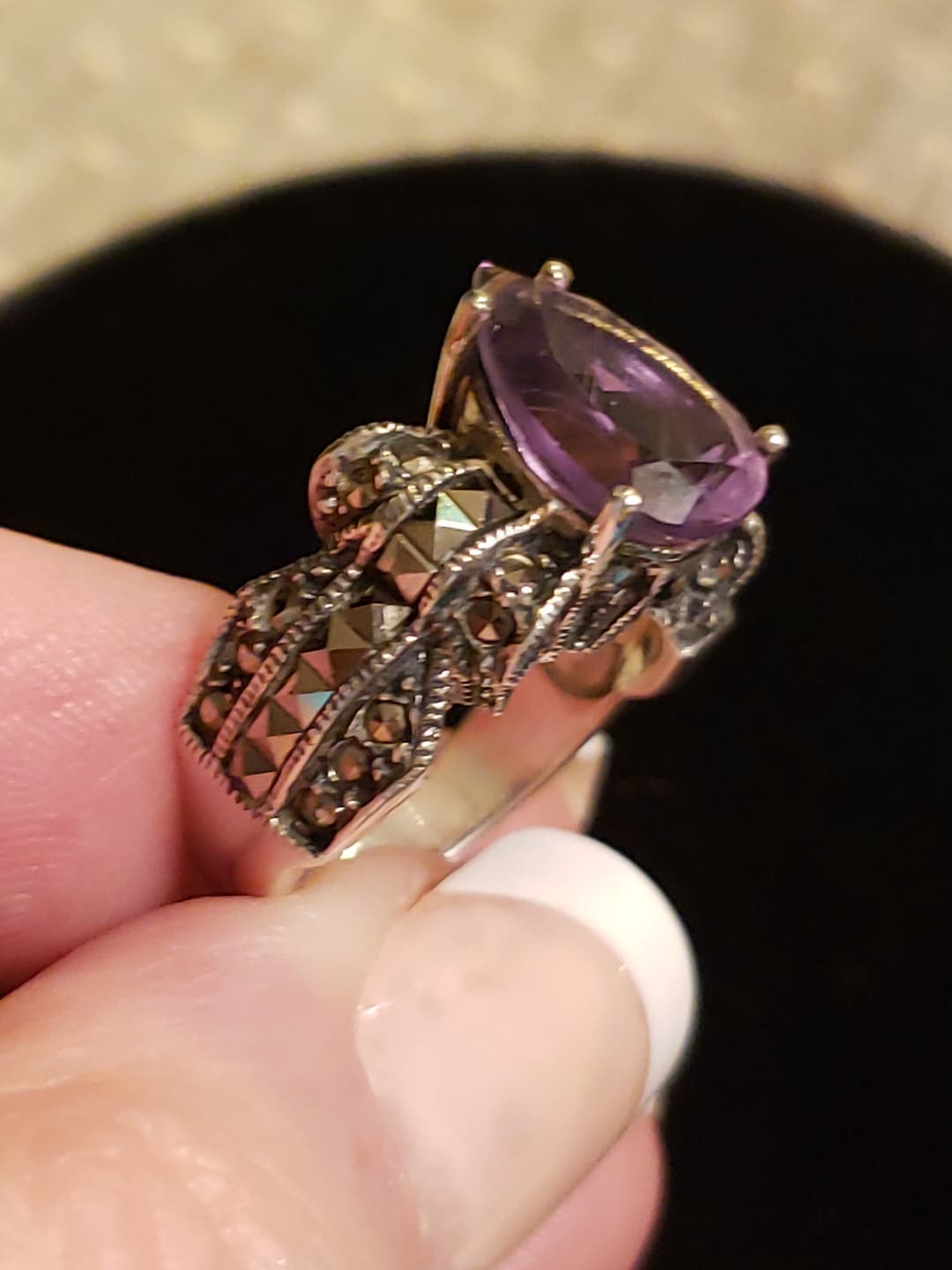 JUDITH JACK Sterling Silver Pear-cut AMETHYST & Marcasite Ring, 12x8mm ...