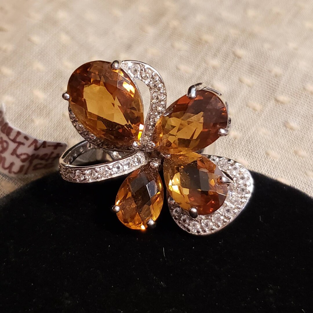 Sterling Silver SMOKY COGNAC QUARTZ & White Topaz Ring, Pear-shaped ...