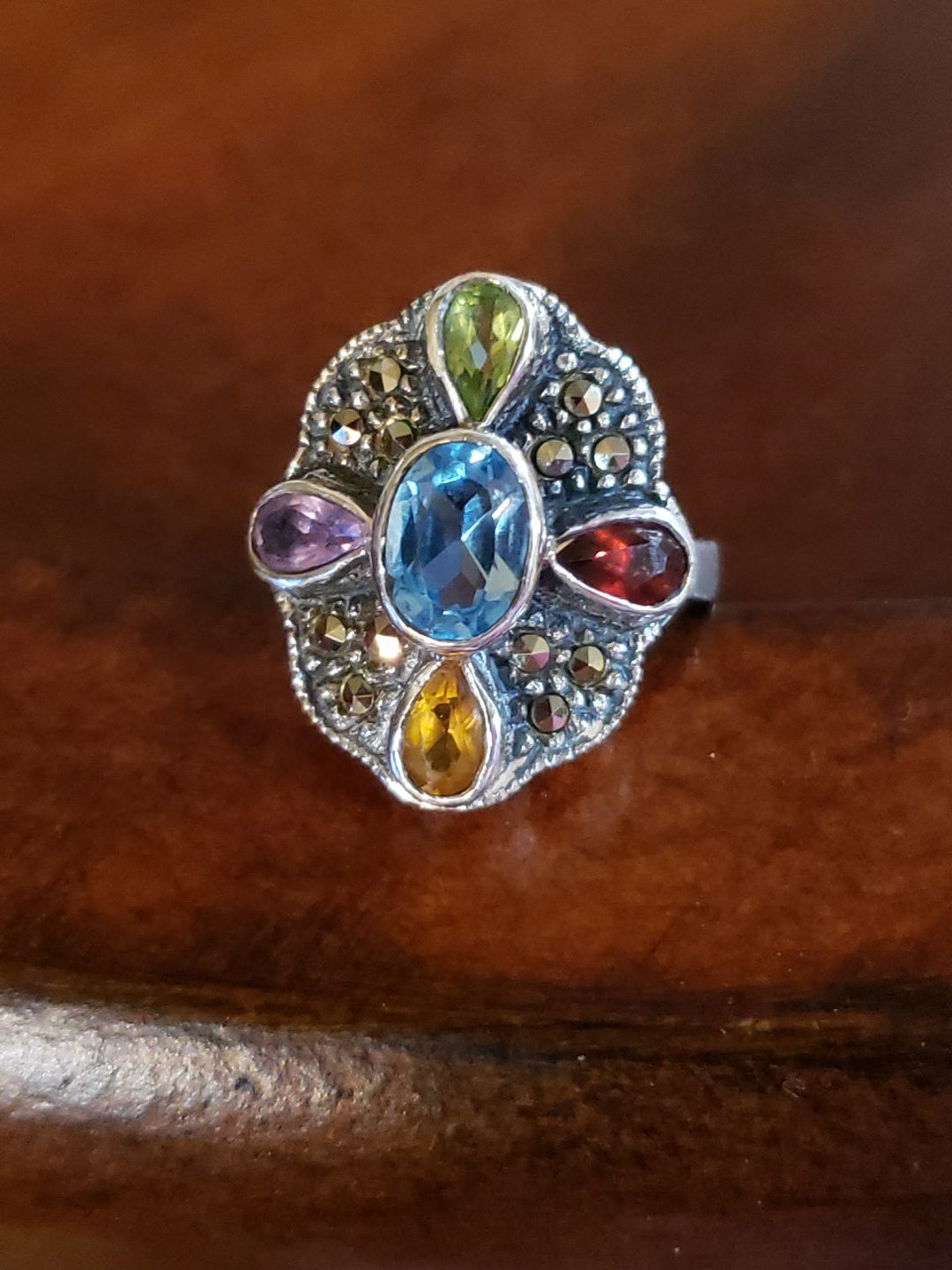 STERLING SILVER MARCASITE Ring, Features Swiss Blue Topaz, Amethyst ...