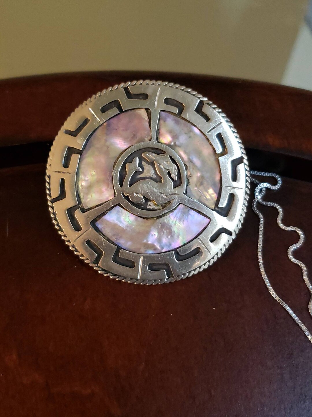 Sterling Silver ABALONE MEDALLION Pin Pendant & Necklace, Bold Greek ...