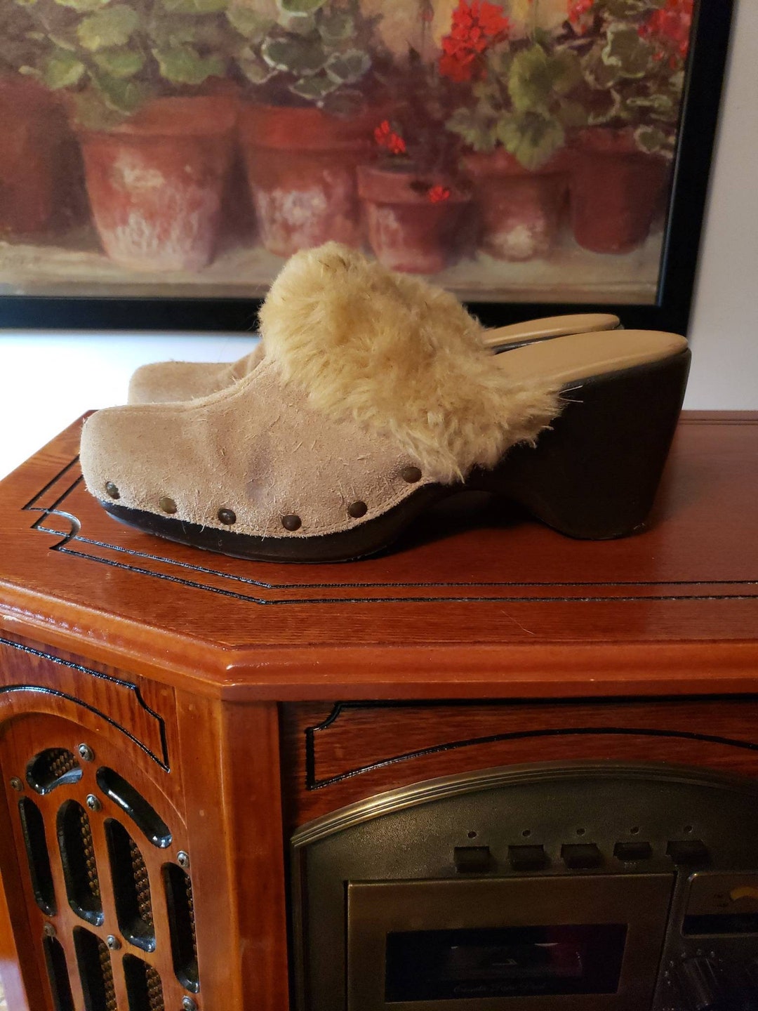 NATURALIZER SUEDE CLOGS, Camel Faux Fur Trim With Studded Details, 7M ...