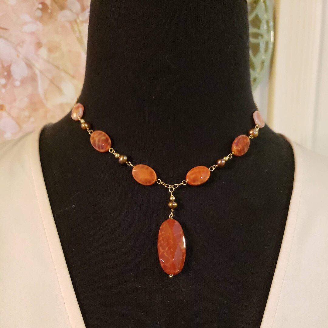 Gold SNAKESKIN CARNELIAN & PEARL Y Drop Necklace, Adjustable 1618 ...