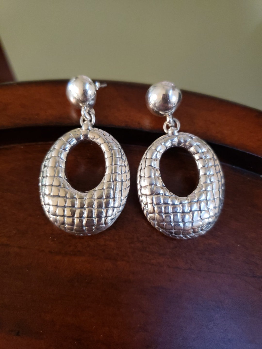 Sterling Silver PUFFED COBBLESTONE OVAL Dangle Earrings, 2" Long, High ...