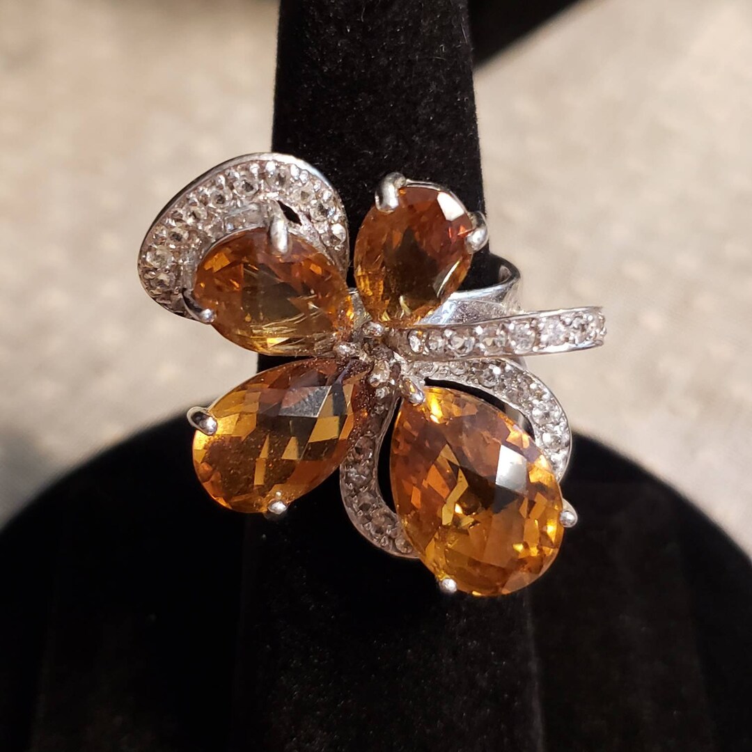 Sterling Silver SMOKY COGNAC QUARTZ & White Topaz Ring, Pear-shaped ...