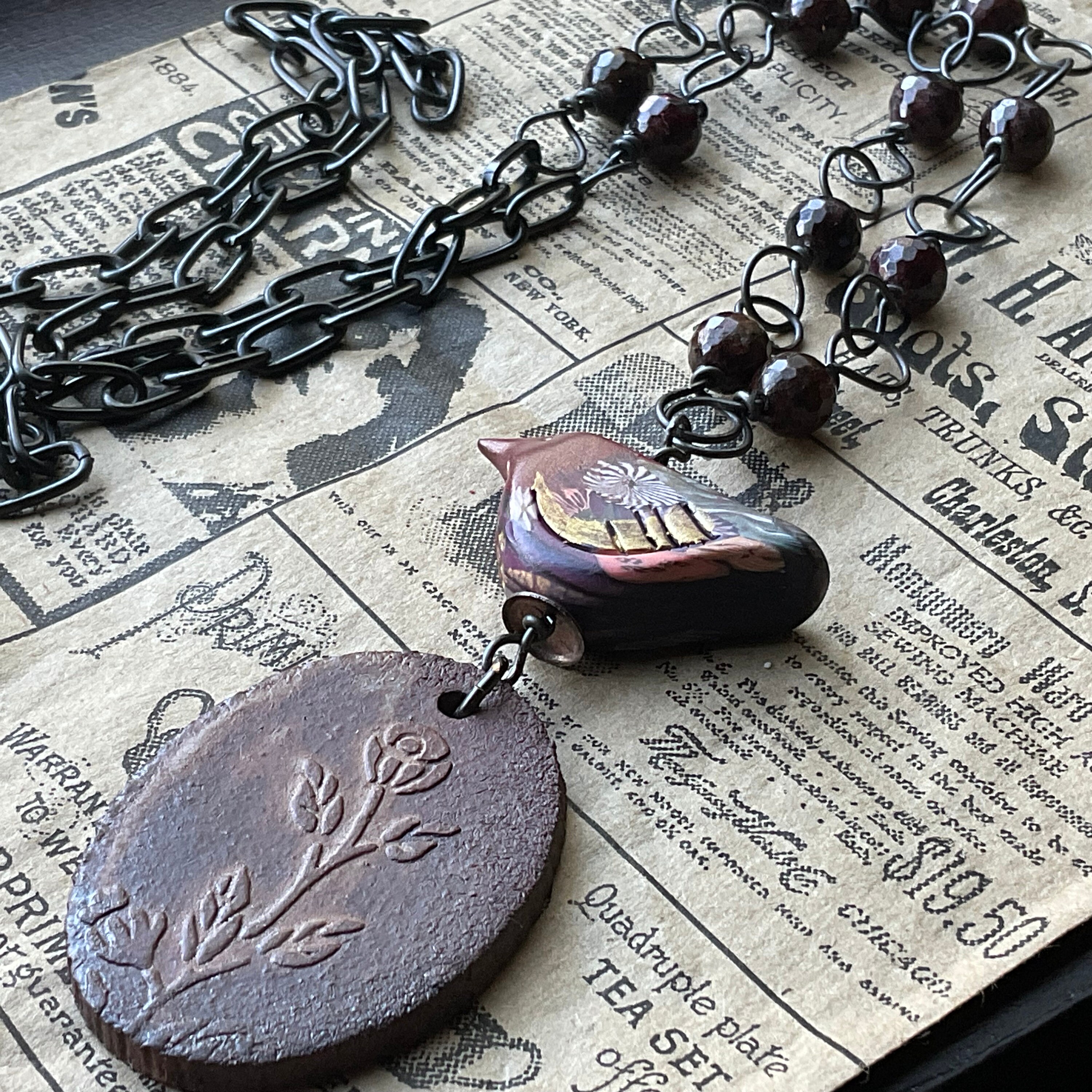 Bramble Bird Necklace, Garnet Necklace, January Bird Necklace ...