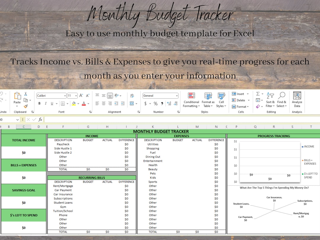 Monthly Budget Tracker Template Green Color, Excel Spreadsheet, Budget ...