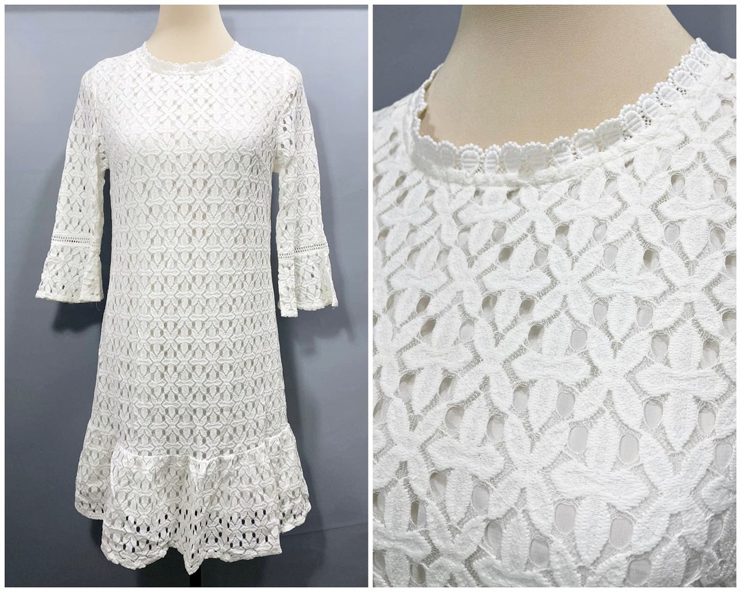 Off White Lace Shift Dress | Bells Sleeves, Flounced Hem | Geometric ...