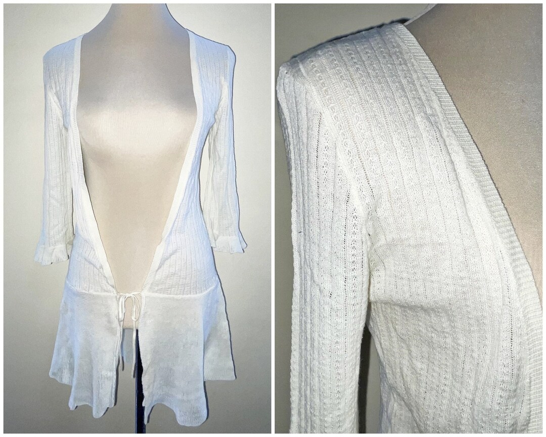 Cream Long Cardigan Lightweight Knit Small Y2K 2000 Vintage Balletcore ...