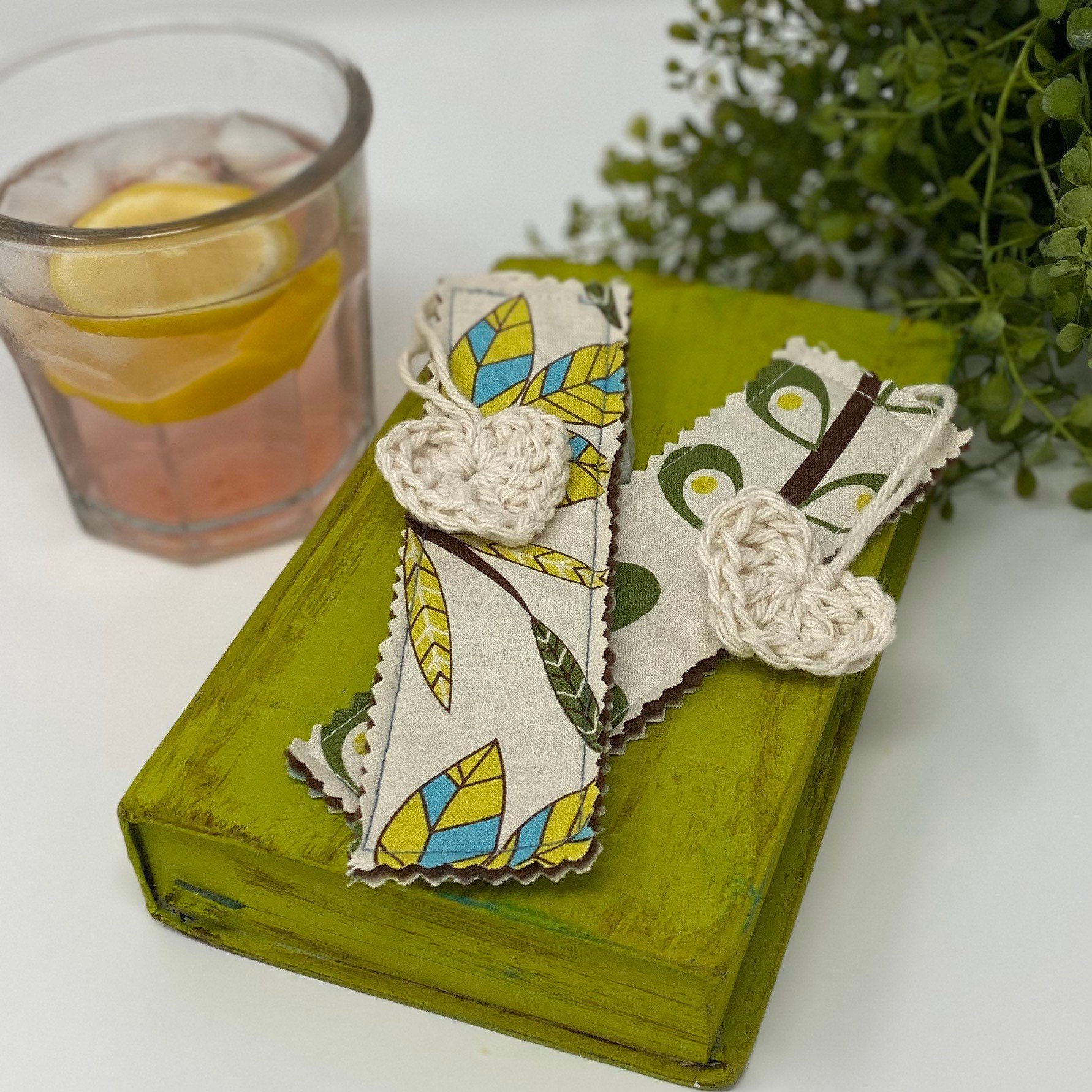 Fabric Bookmark in Green and Turquoise Leaf, Fabric Bookmark, Crochet ...