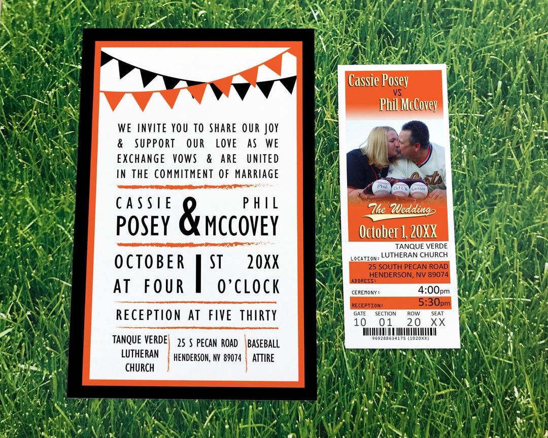 Custom Baseball Wedding Ticket Invitations for Stadium or Team Color ...