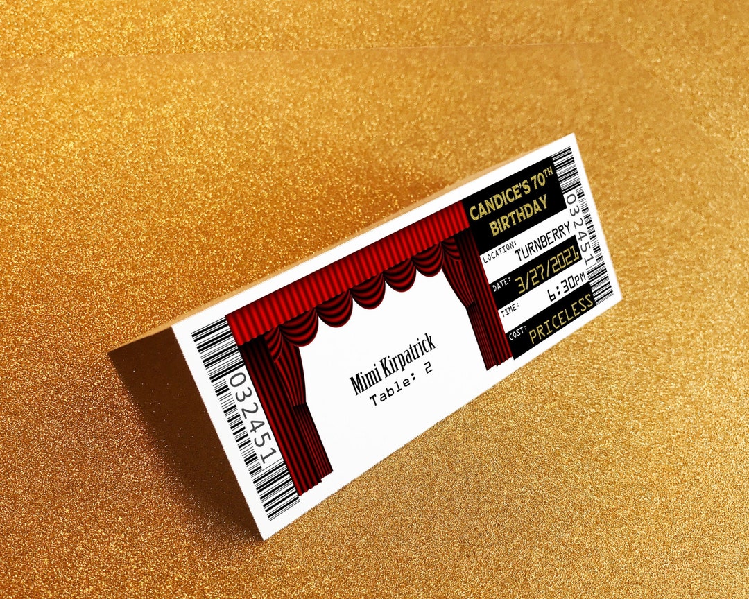 Movie Ticket Place Cards Template With Meal Choice, 70th Birthday Party ...