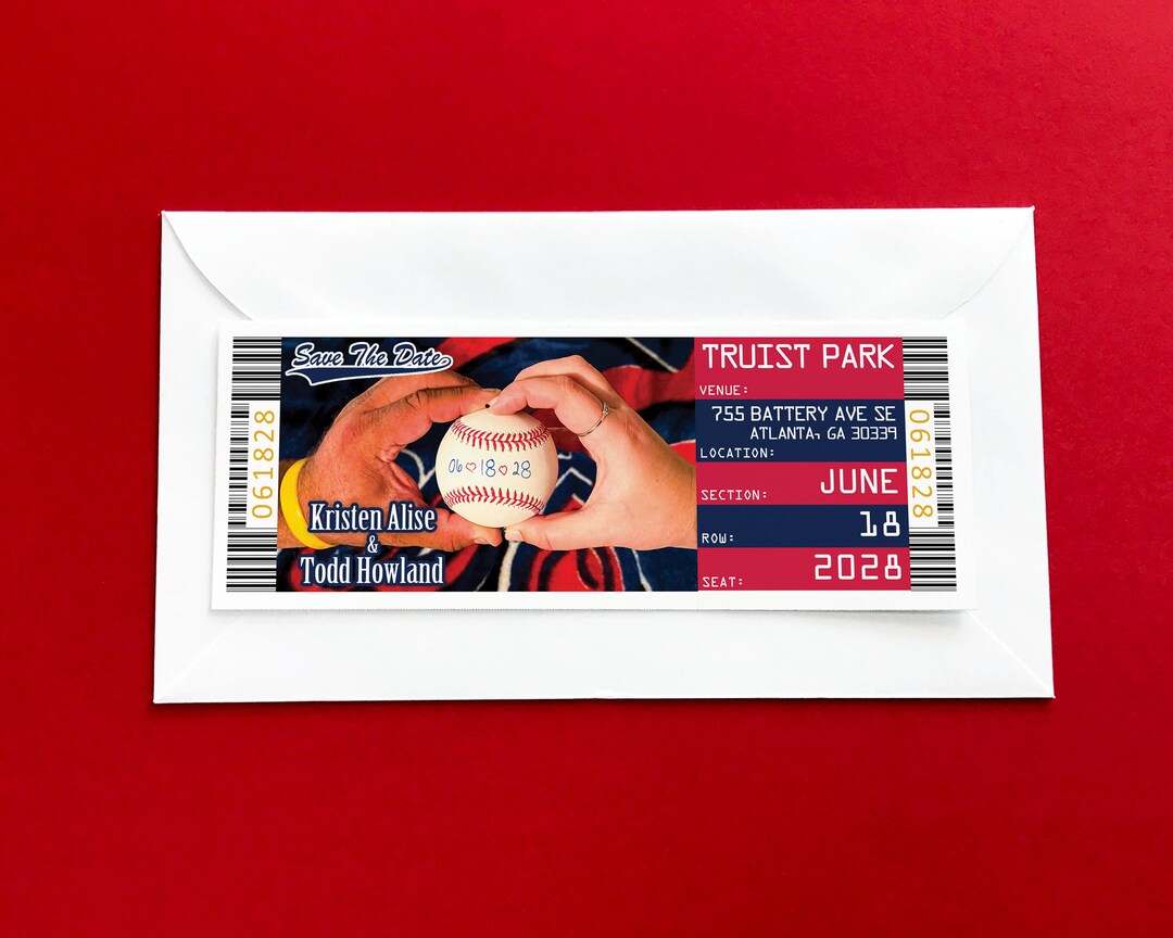 Baseball Save the Date Ticket Magnet, Custom Sports Wedding Invitation, Atlanta or St. Louis ...