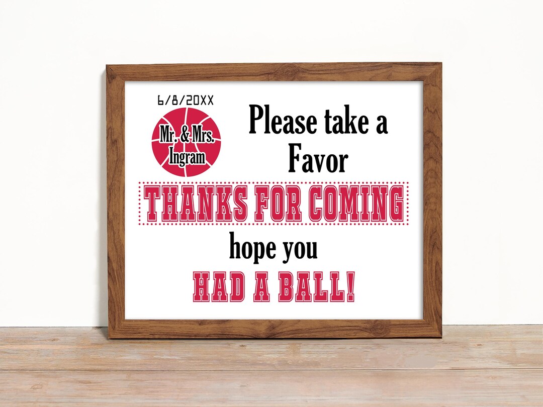 Basketball Wedding Favor Sign, Custom Team Colors Thank You Table Sign ...