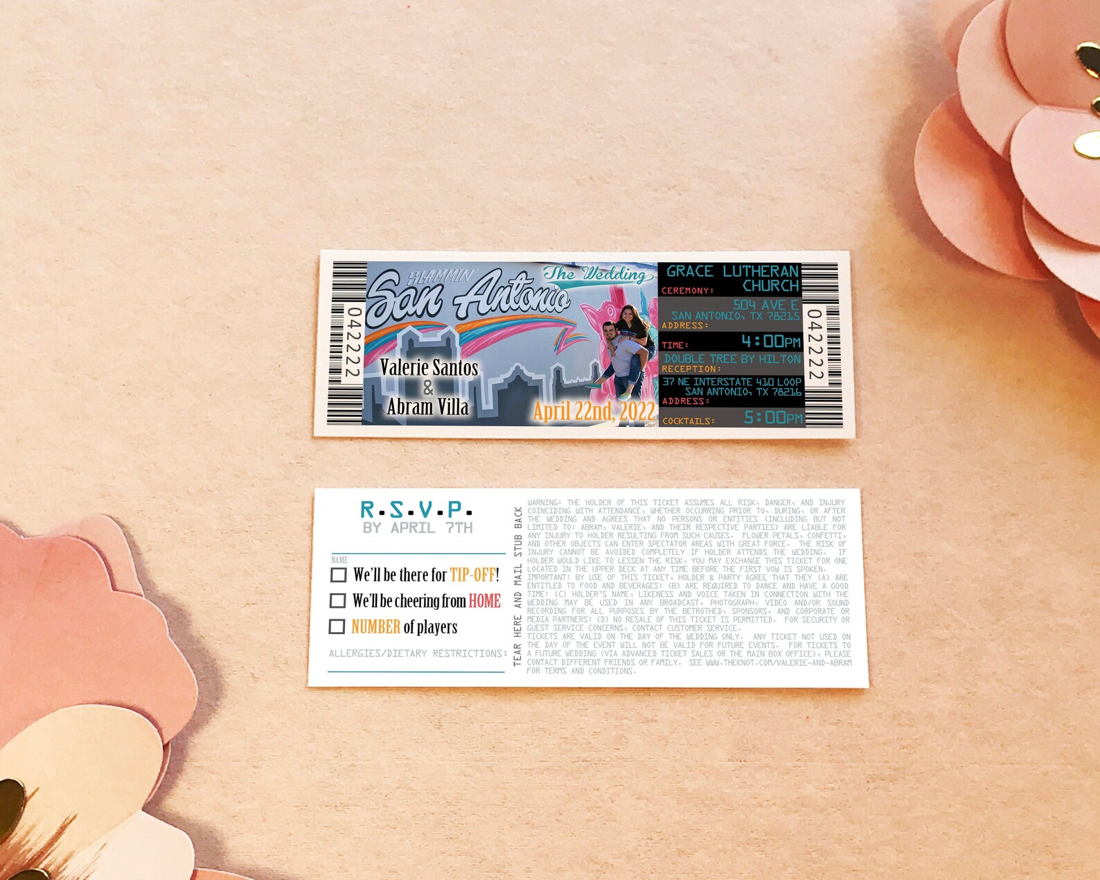 San Antonio Basketball Wedding Invitation Ticket With Tear off RSVP ...