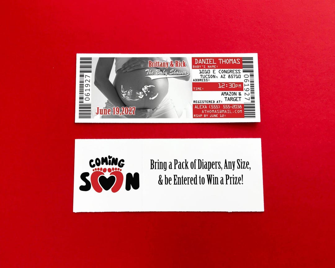 Red and White Sports Baby Shower Ticket Invitation, Gender Neutral Baby ...