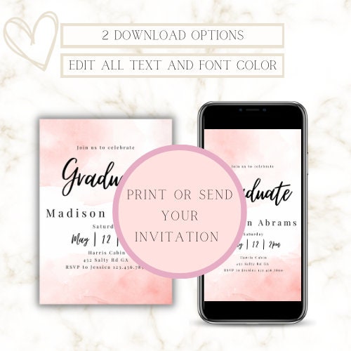 Simple Soft Pink Graduation Party Invitation Template , Canva ...