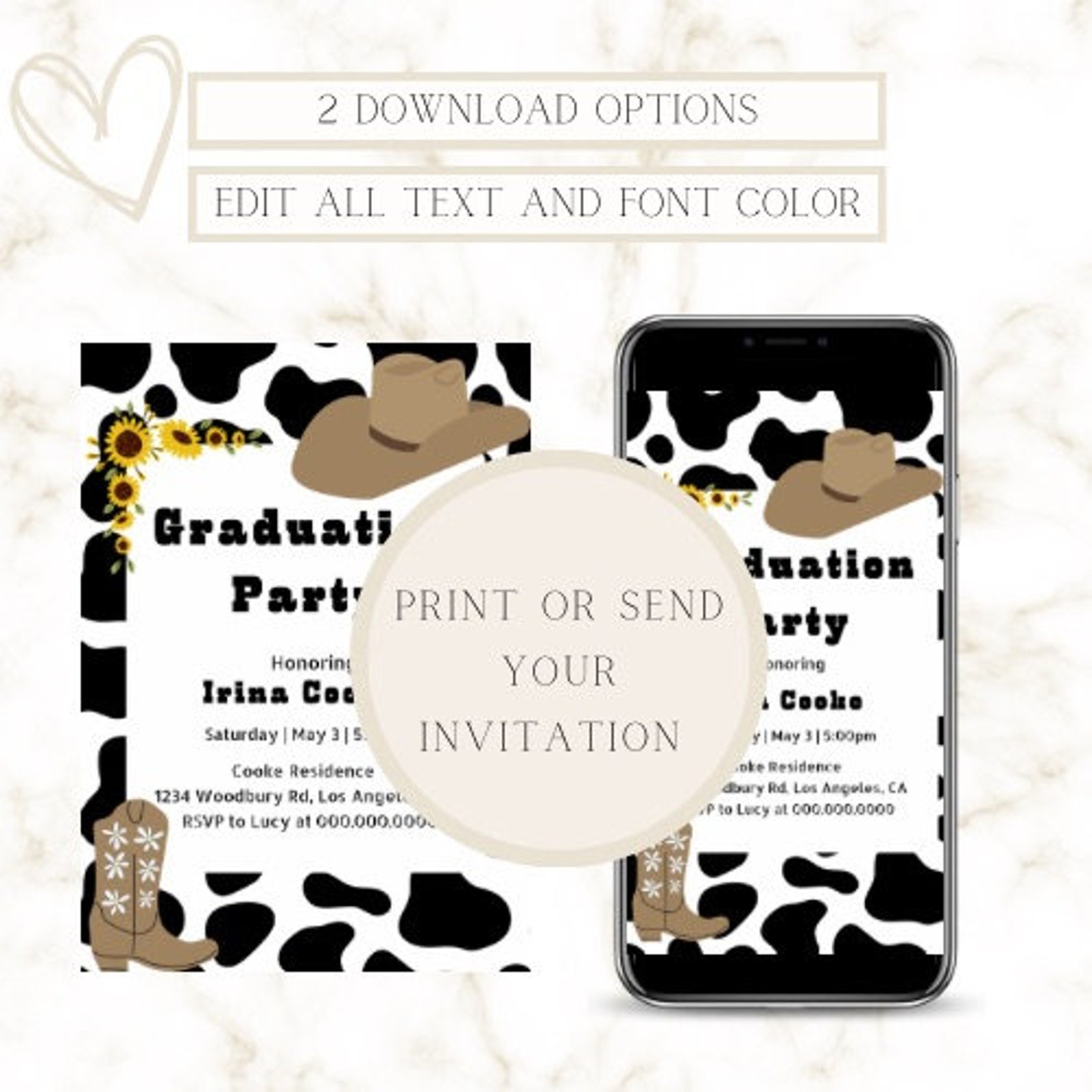 Cowgirl Graduation Party Invitation Template for High School, Cowgirl ...