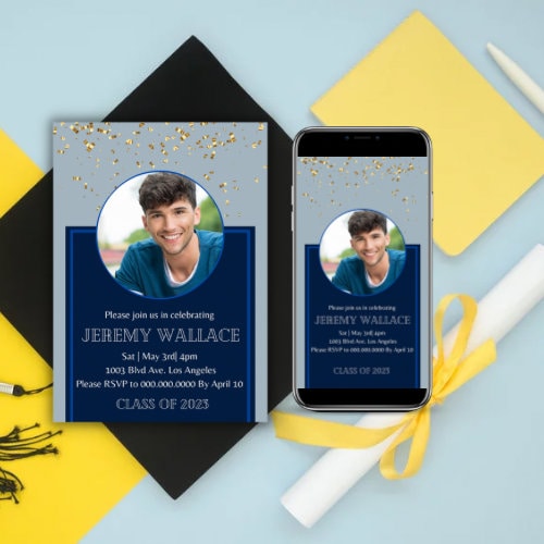 Blue Boys Graduation Invitation With Photo , High School Graduation ...