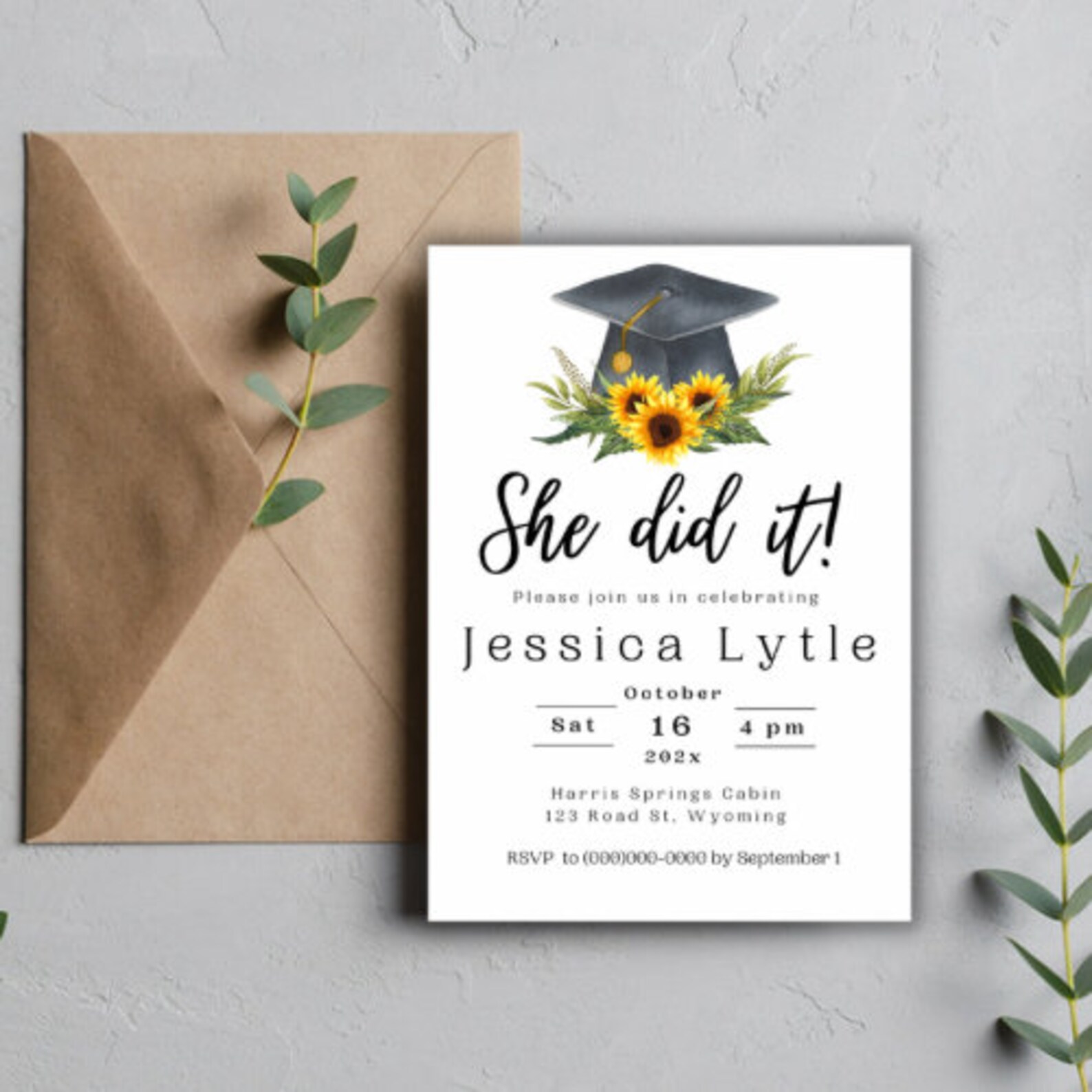 Digital Graduation Party Invitation With Sunflower Graduation Cap ...