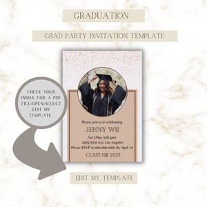 Beige Graduation Party Invitation With Photo , Editable Boho Graduation ...