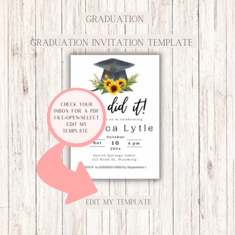 Digital Graduation Party Invitation With Sunflower Graduation Cap ...