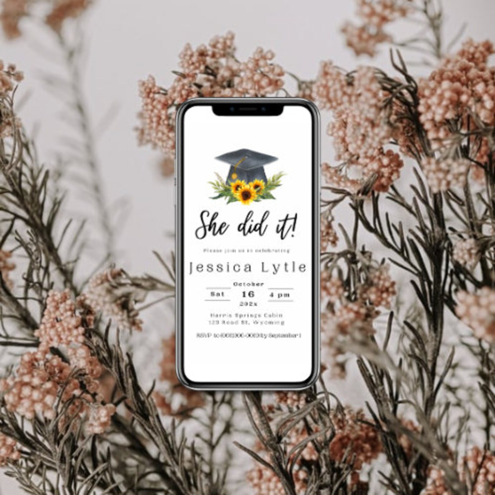 Digital Graduation Party Invitation With Sunflower Graduation Cap ...