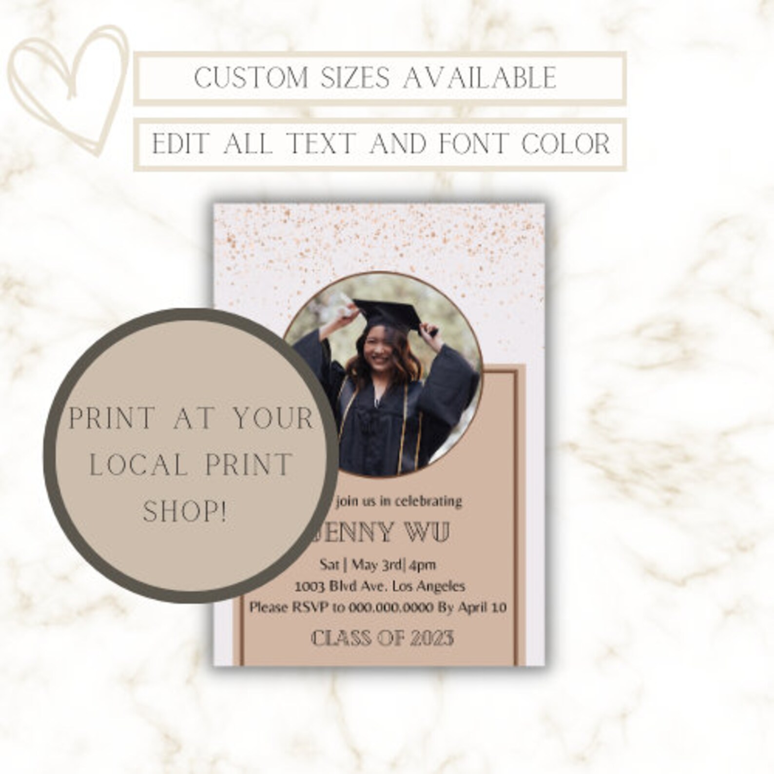 Beige Graduation Party Invitation With Photo , Editable Boho Graduation ...