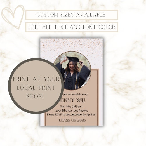 Beige Graduation Party Invitation With Photo , Editable Boho Graduation ...