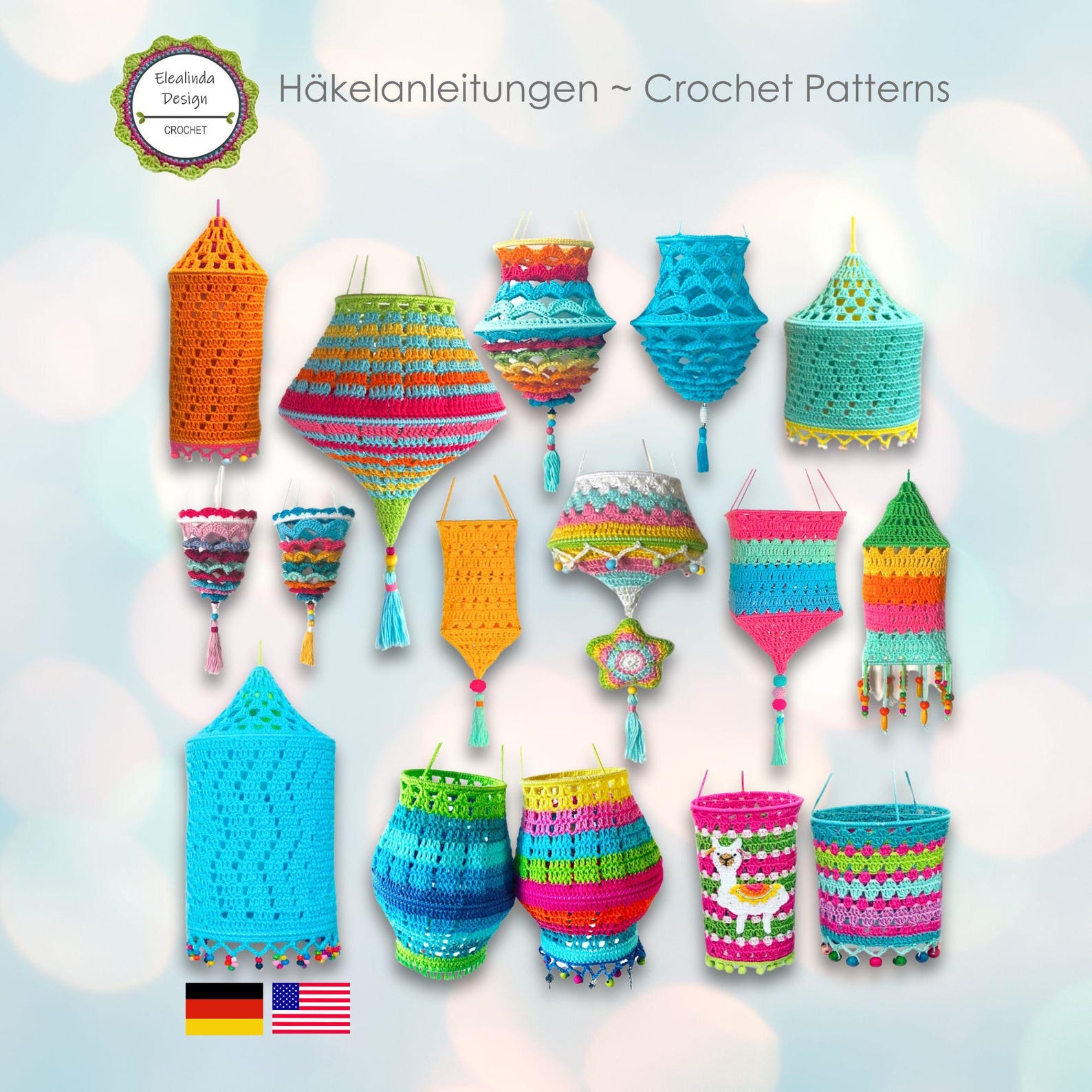 Crochet Pattern Package Lanterns, Lampions and Lampshades, 9 Colorful ...
