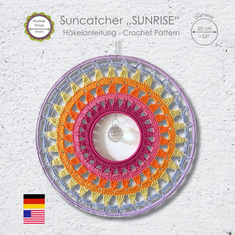Crochet Pattern Suncatcher “sunrise”, 30 Cm Mandala Dreamcatcher With ...