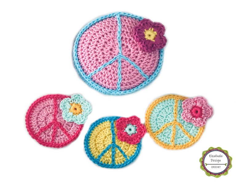 Crochet Pattern Peace Sign Pincushion, Flowers, Keychains, Applications ...