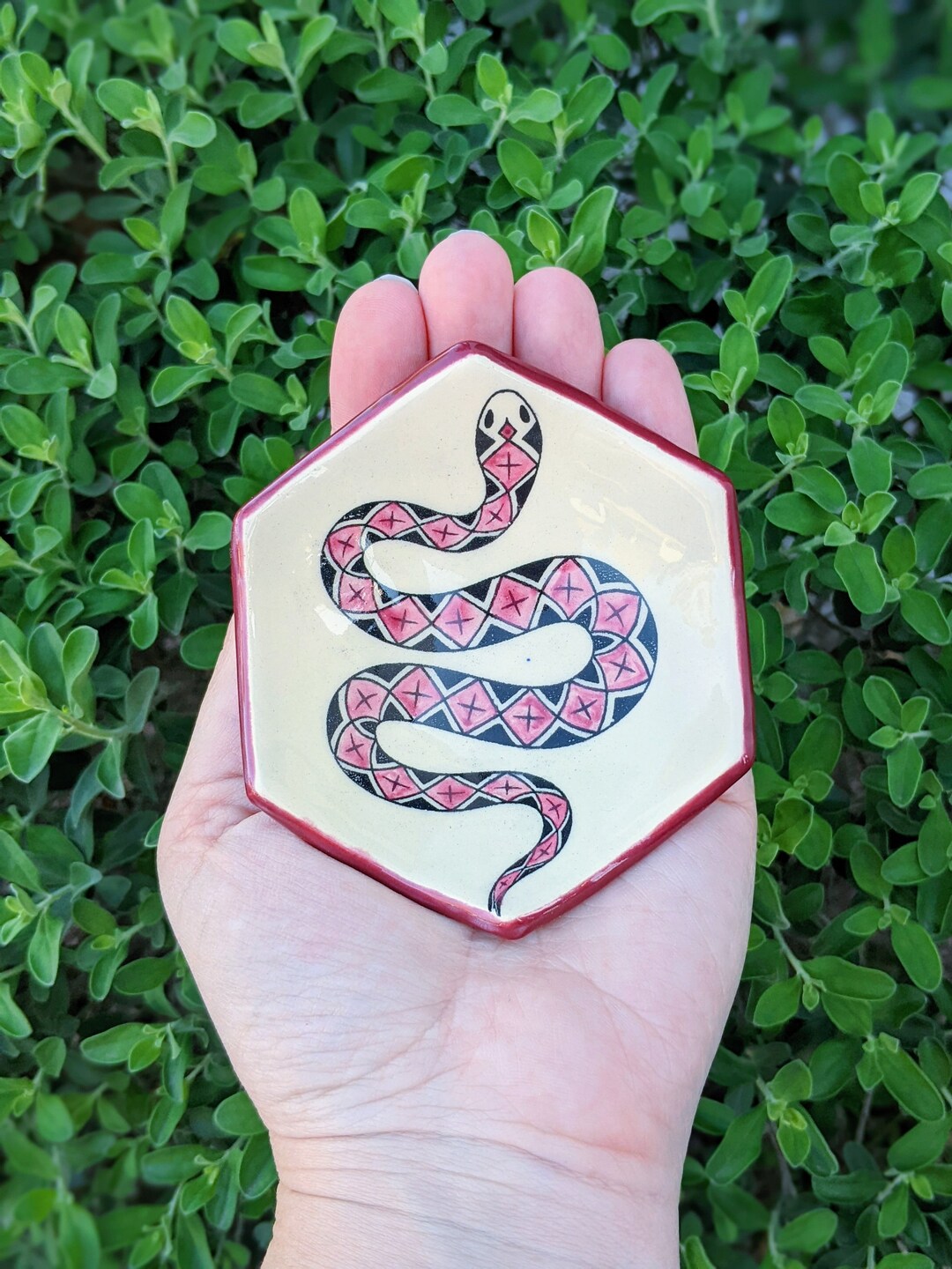 Burgundy Red Diamondback Snake Handmade Ceramic Trinket Dish, Cone ...