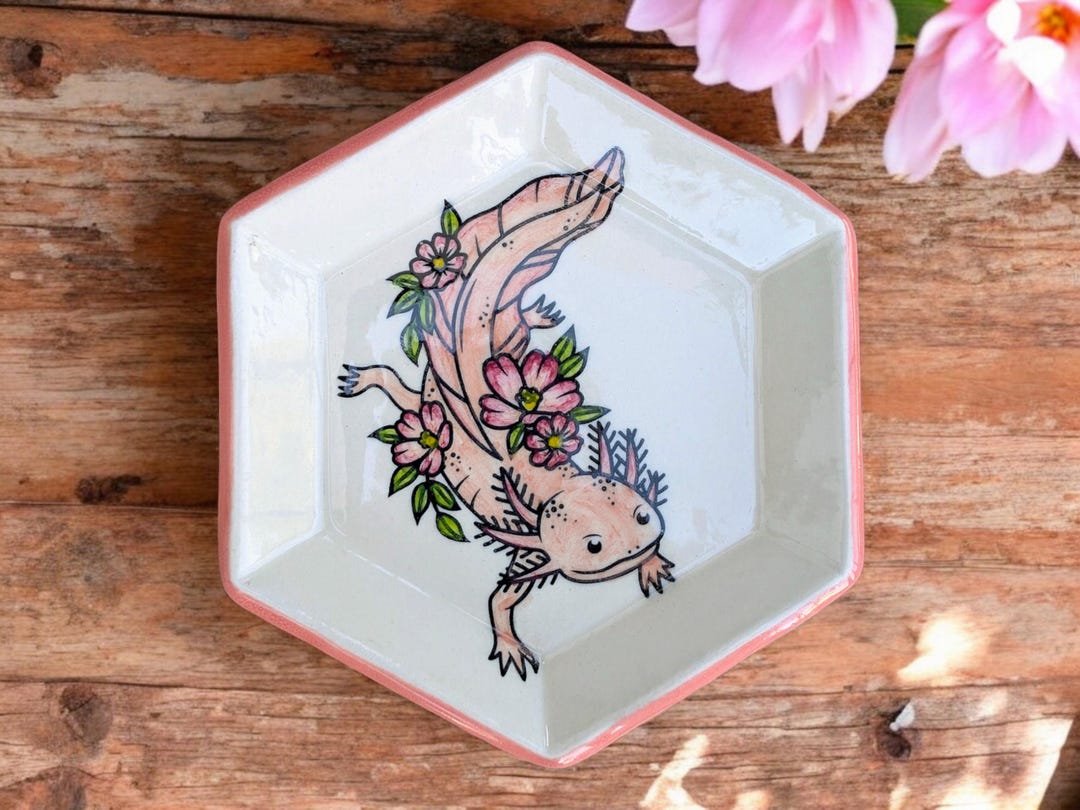 Pink Floral Axolotl Cute Hexagon Handmade Ceramic Tray, Spoon Rest ...