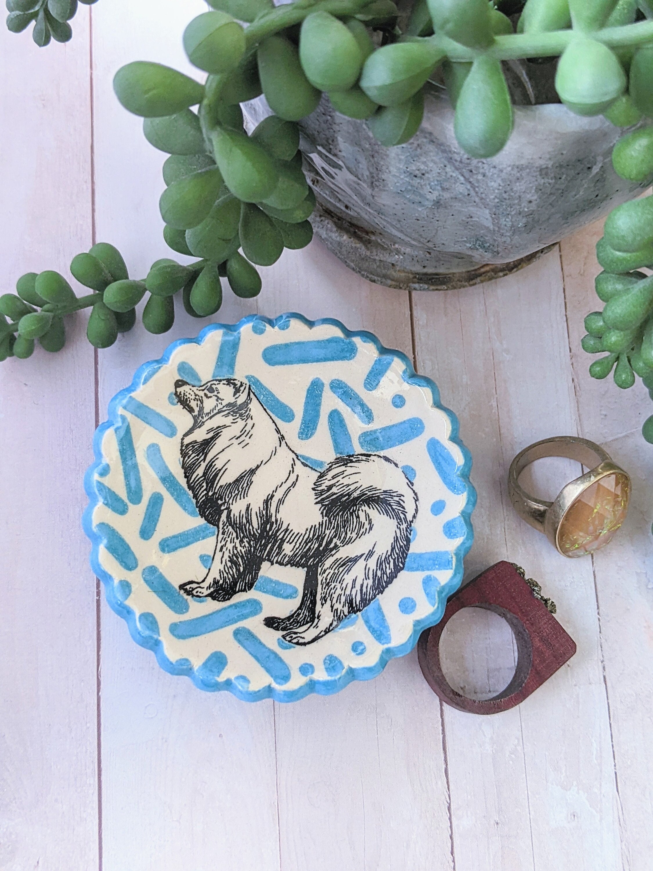 Samoyed American Eskimo Dog Aqua Blue Handmade Ceramic Ring Dish ...
