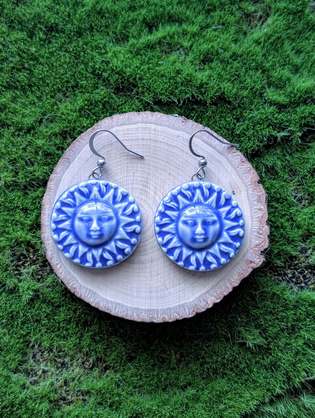 Periwinkle Blue Sun Face Celestial Handmade Ceramic Clay Dangle ...