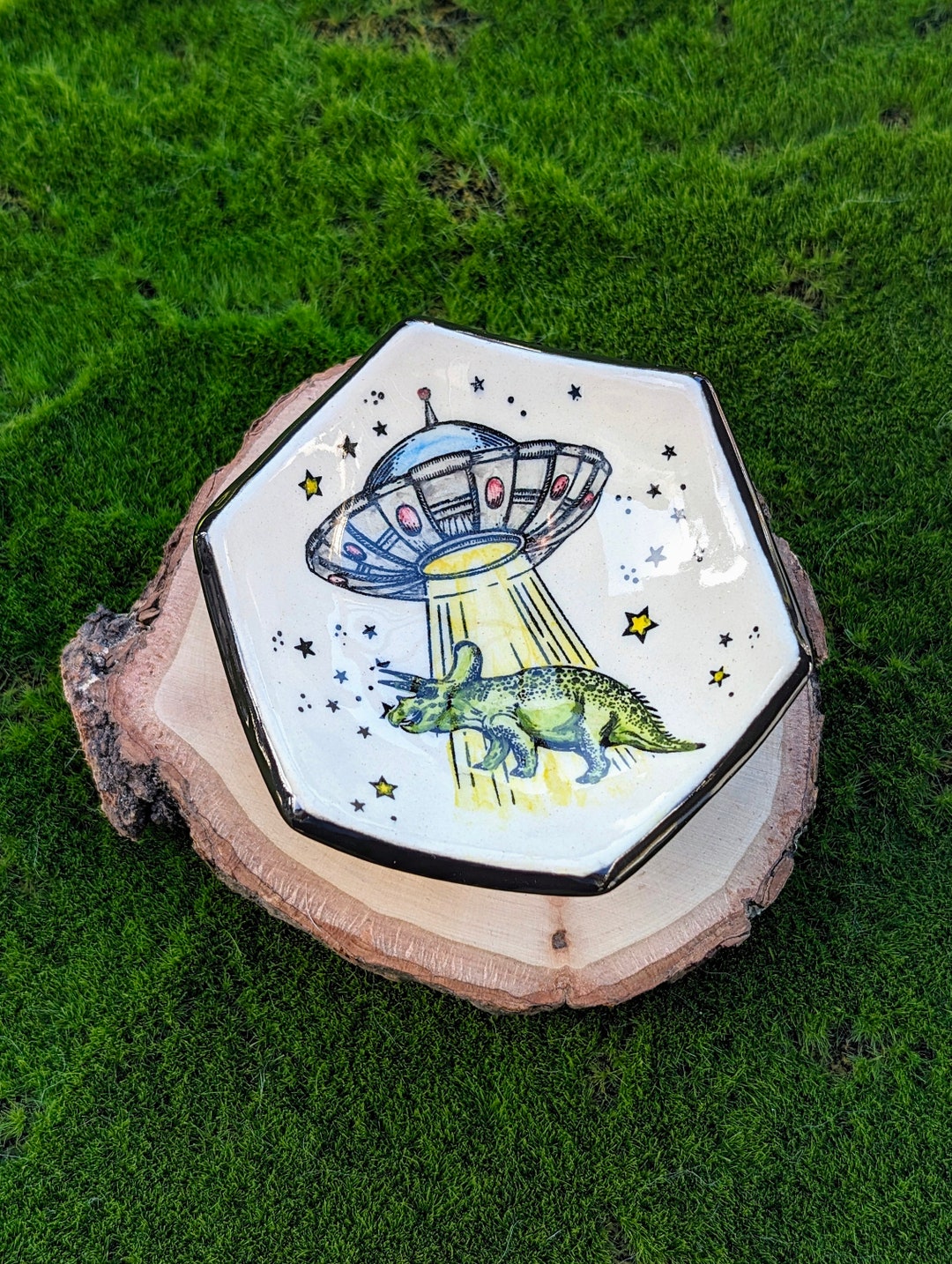 UFO Space Alien Abduction Triceratops Dinosaur Handmade Ceramic Jewelry ...